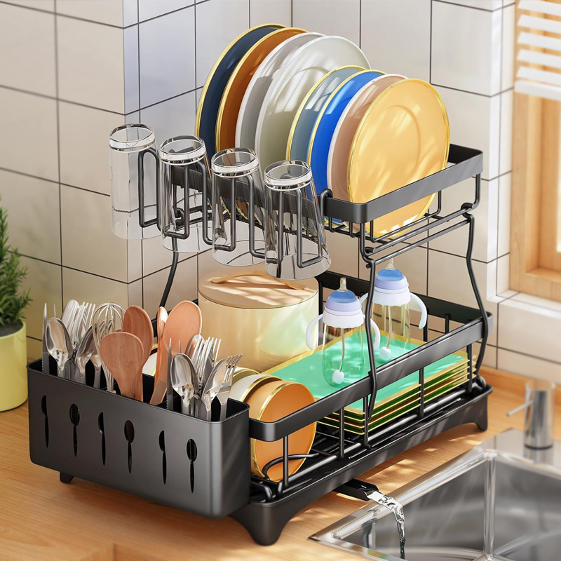 2 Tier Dish Drying Rack With Cutlery Holder | Idealancy