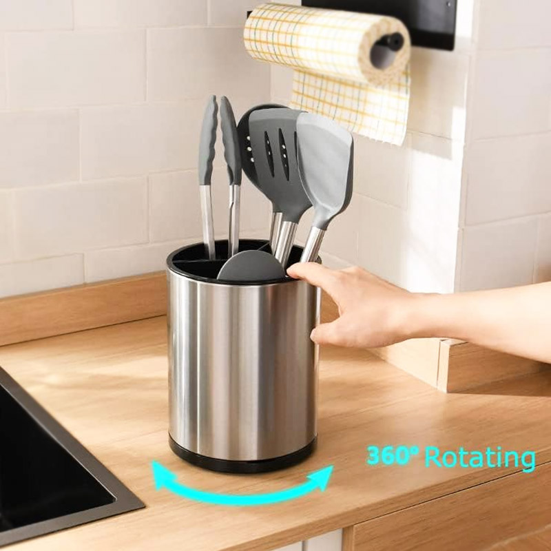 Rotating Kitchen Utensil Holder Stainless Steel | Idealancy