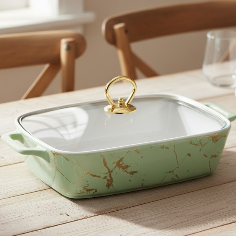 Brilliant 12inch Rectangular Ceramic Dish With Glass Lid | Idealancy