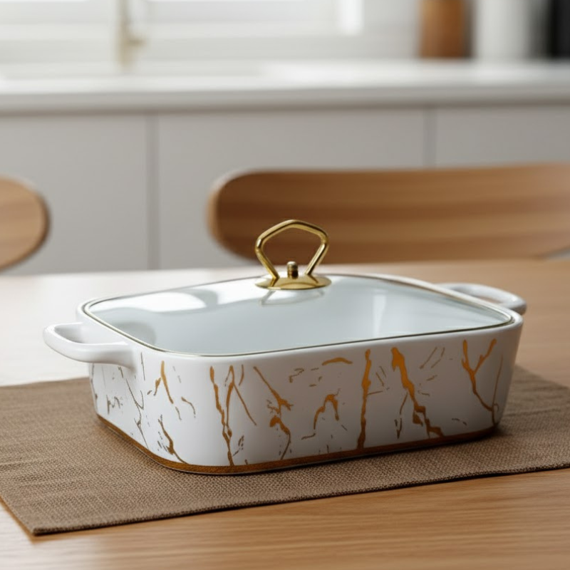 Brilliant Rectangular 12inch Ceramic Dish With Glass Lid | Idealancy