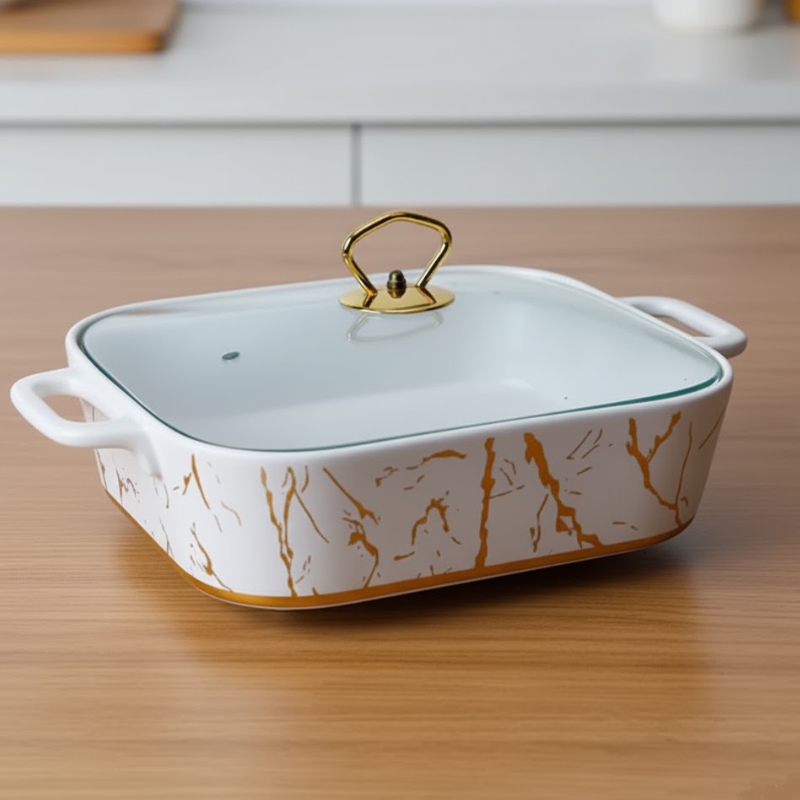 Brilliant Rectangular 12inch Ceramic Dish With Glass Lid | Idealancy