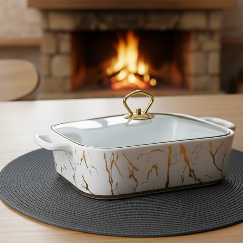 Brilliant Rectangular 12inch Ceramic Dish With Glass Lid | Idealancy