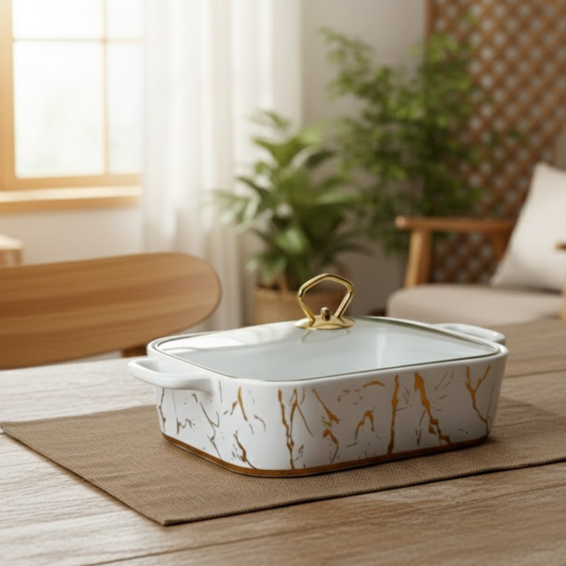Brilliant 14inch Rectangular Ceramic Dish With Glass Lid | Idealancy