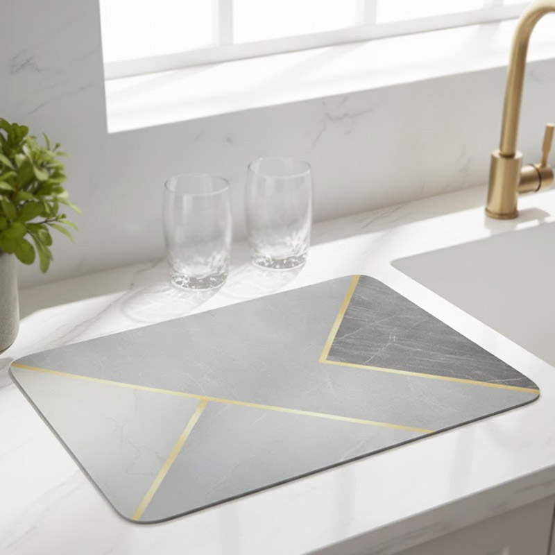 Anti-Slip Dish Drying/Dining Table Mat-Gray With Gold Diagonal Lines ...