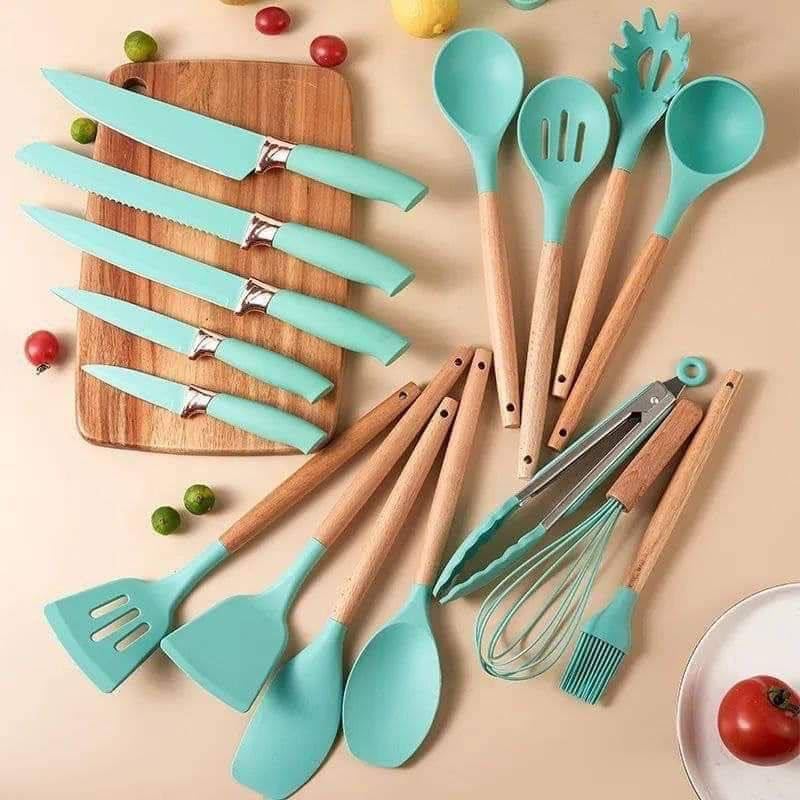 19 Pcs Kitchen Cooking Utensils & Knife Set With Block Holder | Idealancy