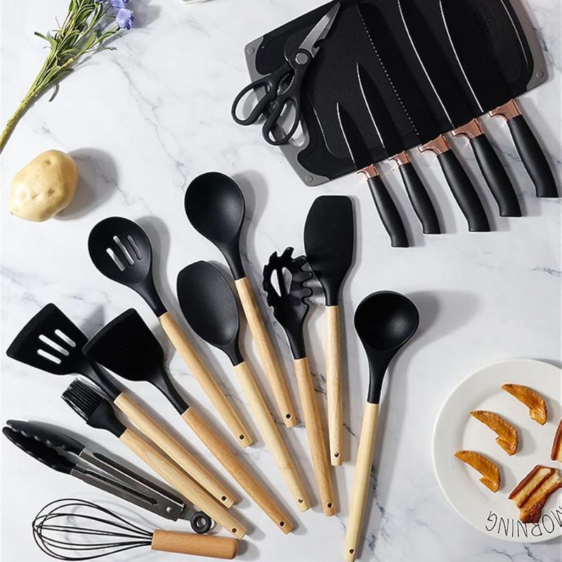 19 Pcs Kitchen Cooking Utensils & Knife Set With Block Holder | Idealancy